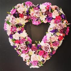 Mixed Open Heart In Pink And Purple - Funeral Flowers Crewe